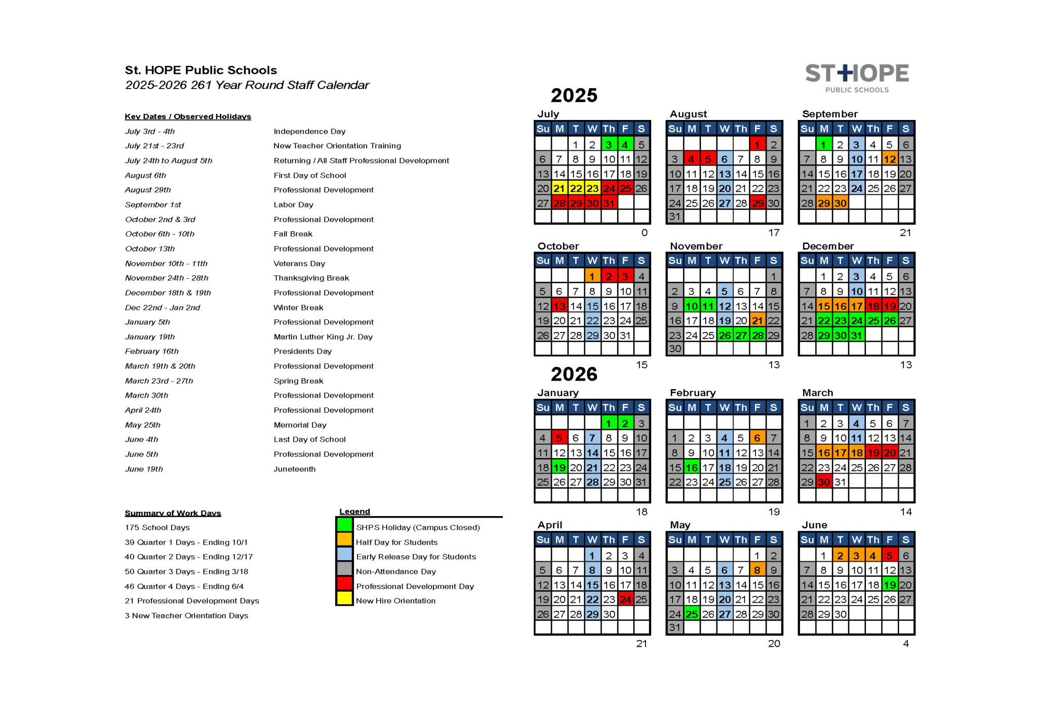 Year Round Staff Calendar - St. Hope Public Schools